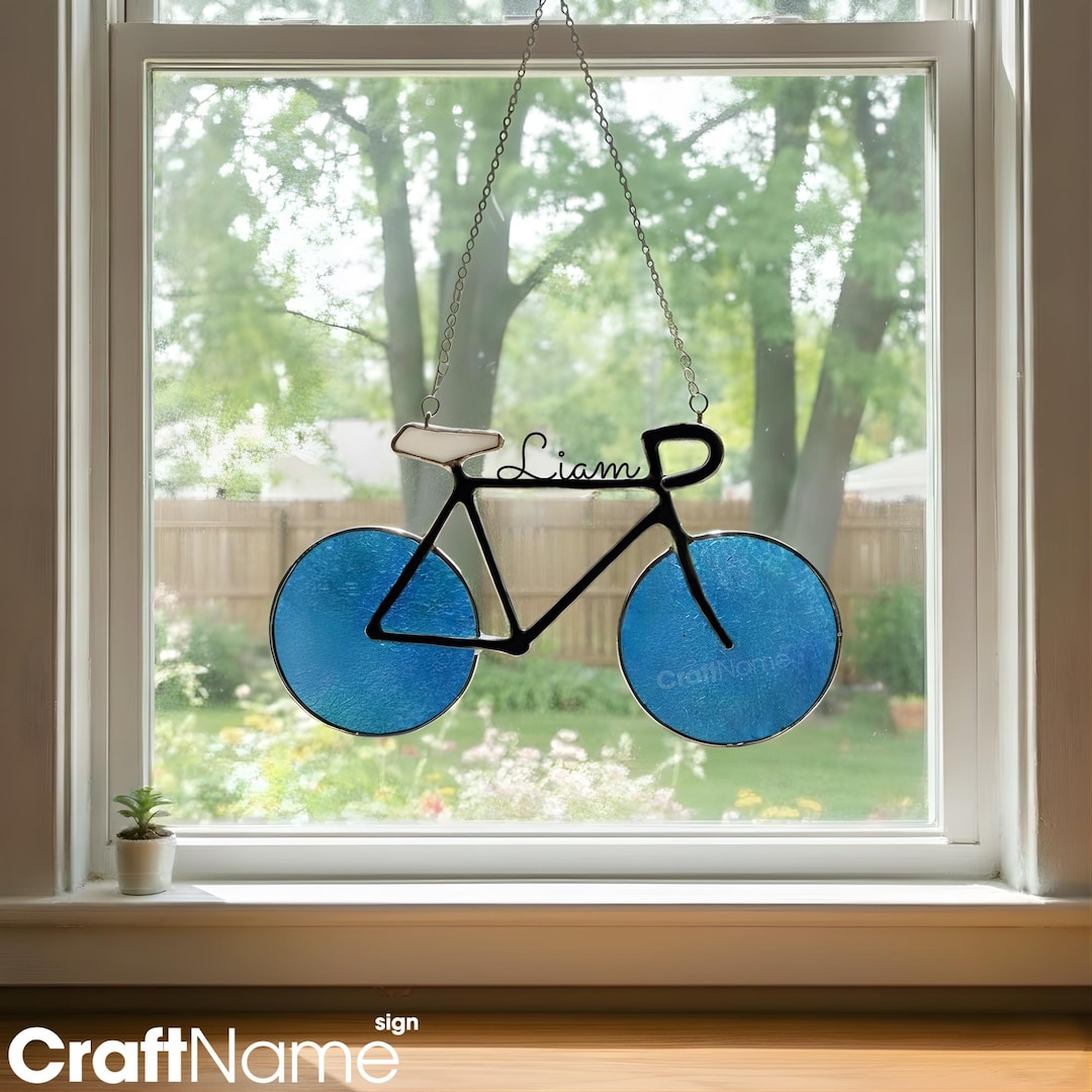 Personalized Bicycle Stained Glass, Unique Bike Ornament for Window, Front Porch or Balcony ...