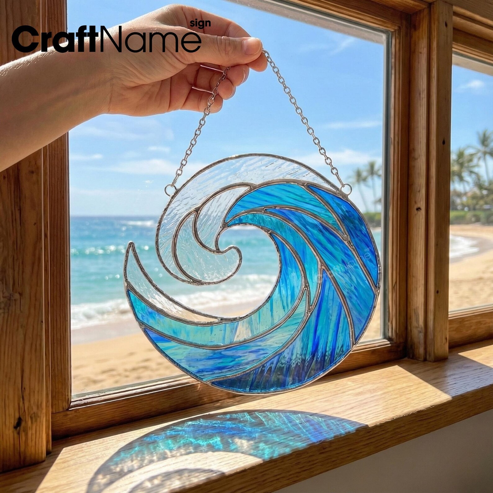 Ocean Wave Stained Glass Window Suncatcher, Handmade Coastal Decor ...