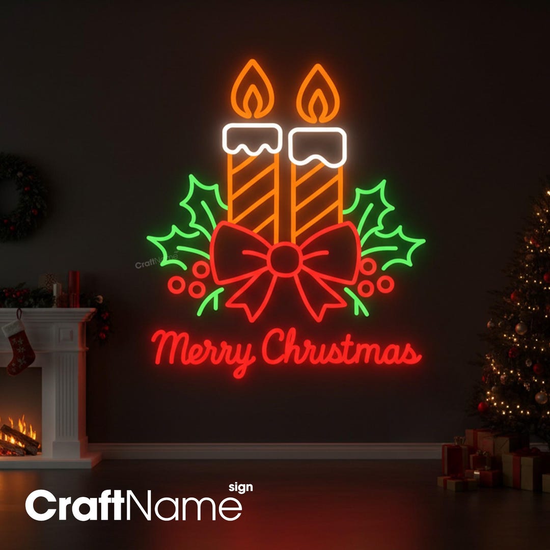 Christmas Candle Neon Sign, Candle LED Wall Decor With Holly and Bow ...