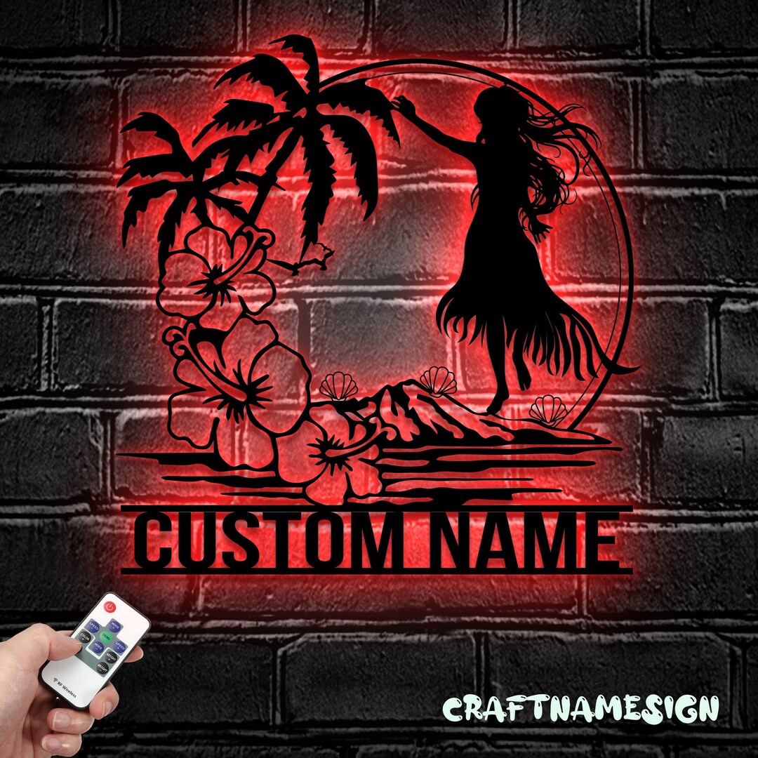 Custom Hula Dancer Hawaiian Flower Scene Metal Wall Art LED Lights ...