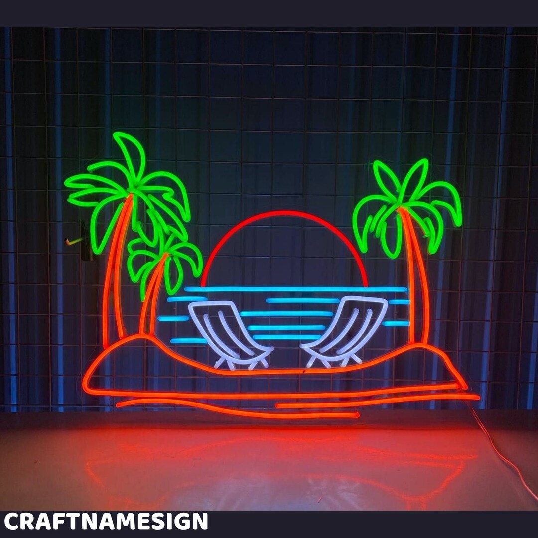 Sunbathe on the Beach With Palm Tree Sun Neon Sign, Beach Palm Trees ...