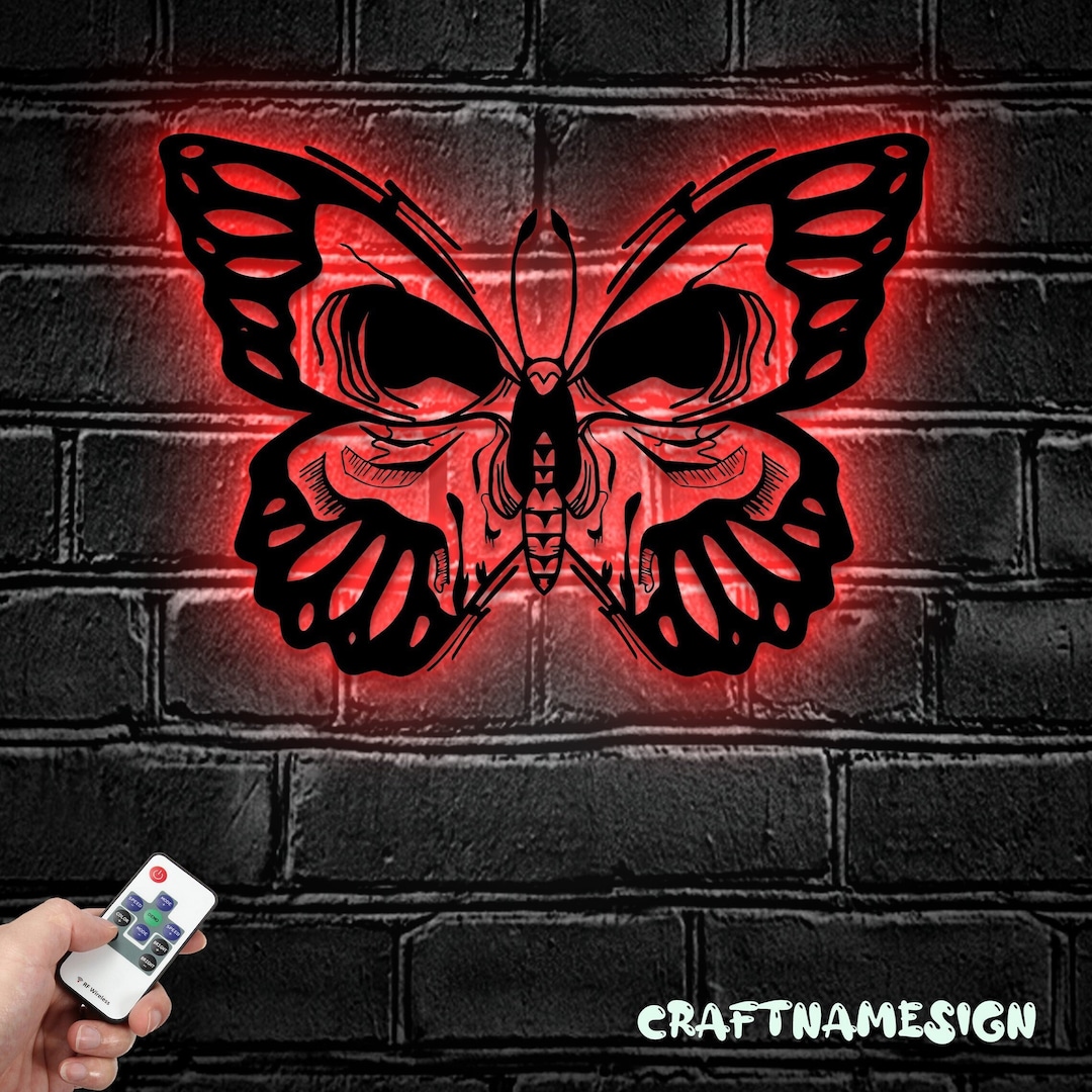 Butterfly Skull Metal Wall Art With LED Light - Personalized Emo Goth ...