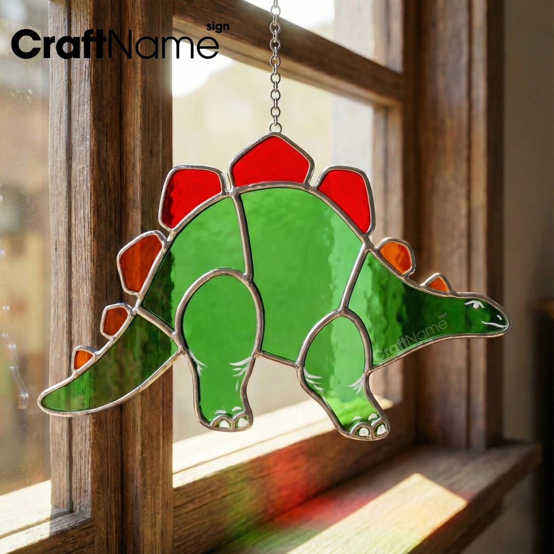 Dinosaur Stained Glass, Handmade Window Suncatcher Art, Dinosaur Glass ...