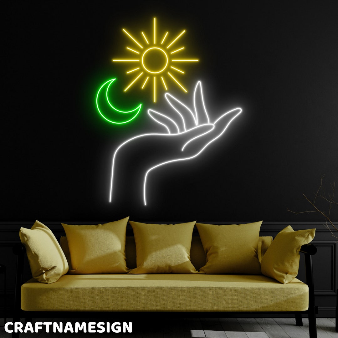 Hand With Sun Moon Neon Sign, Galaxy Sun Moon Hand Led Sign, Custom ...