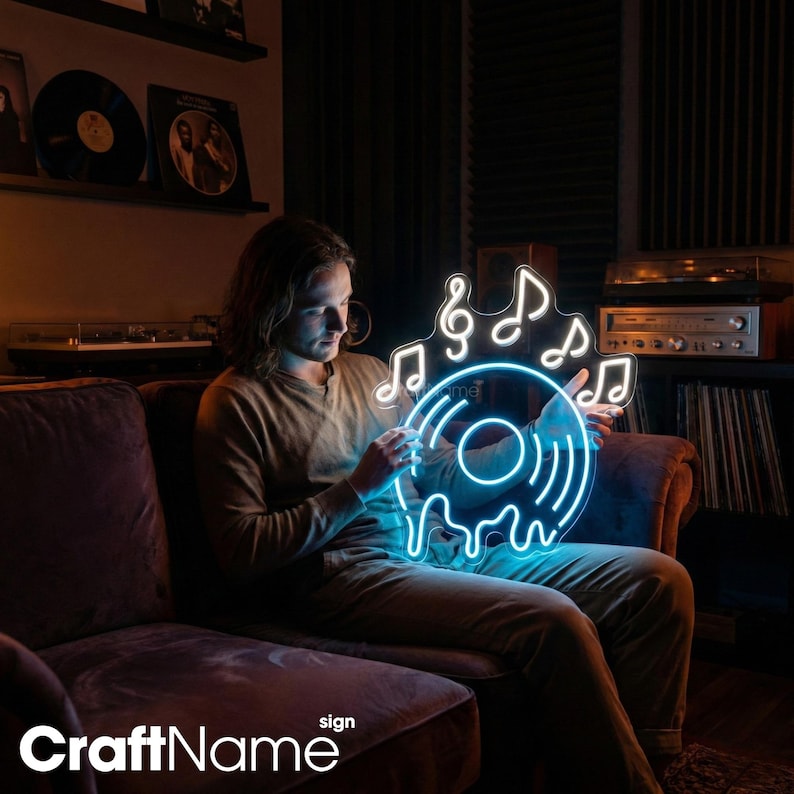Vinyl Record Neon Wall Art With Musical Notes, Decor for Listening Room ...
