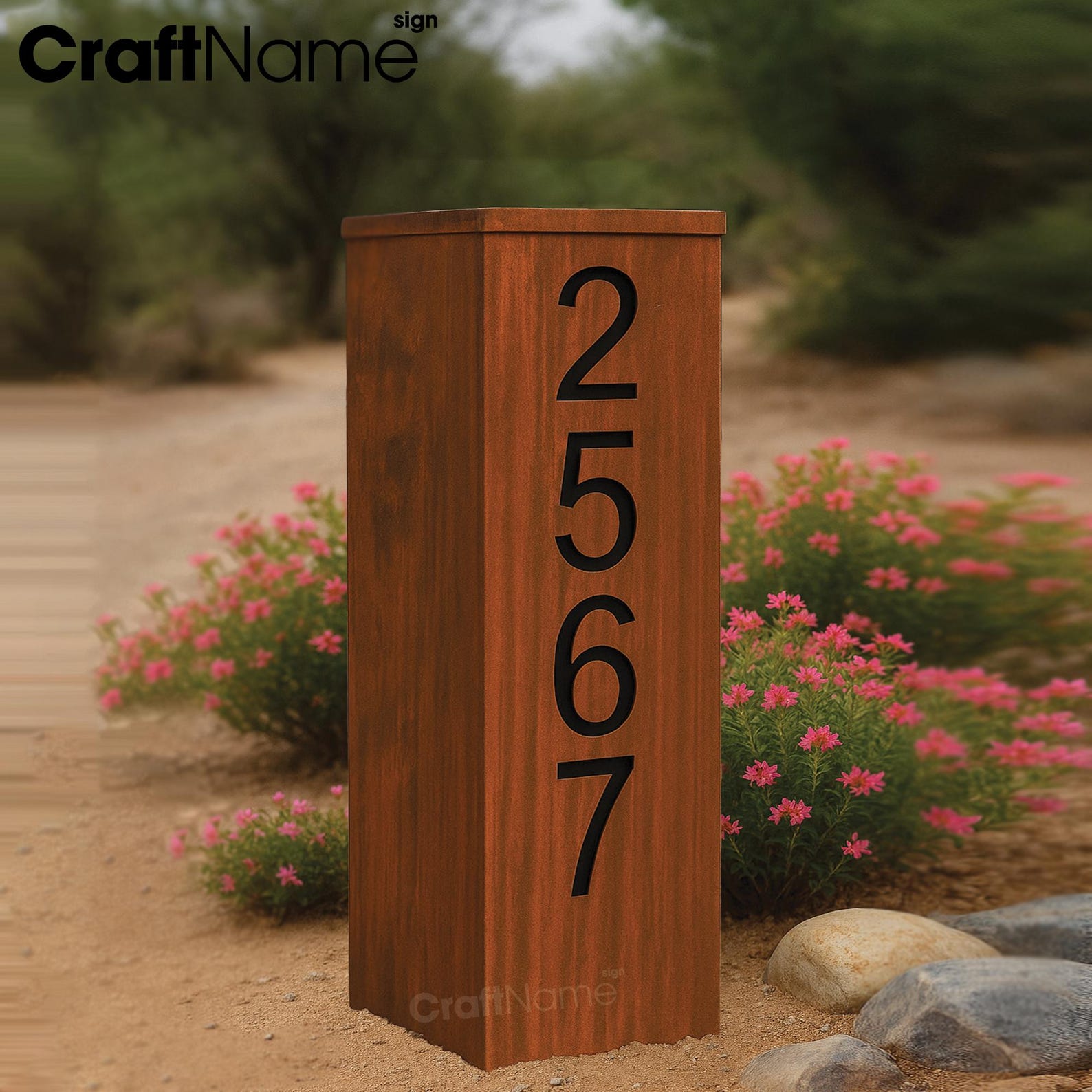 Rustic Metal Address Garden Column, Custom Steel House Numbers, Outdoor ...