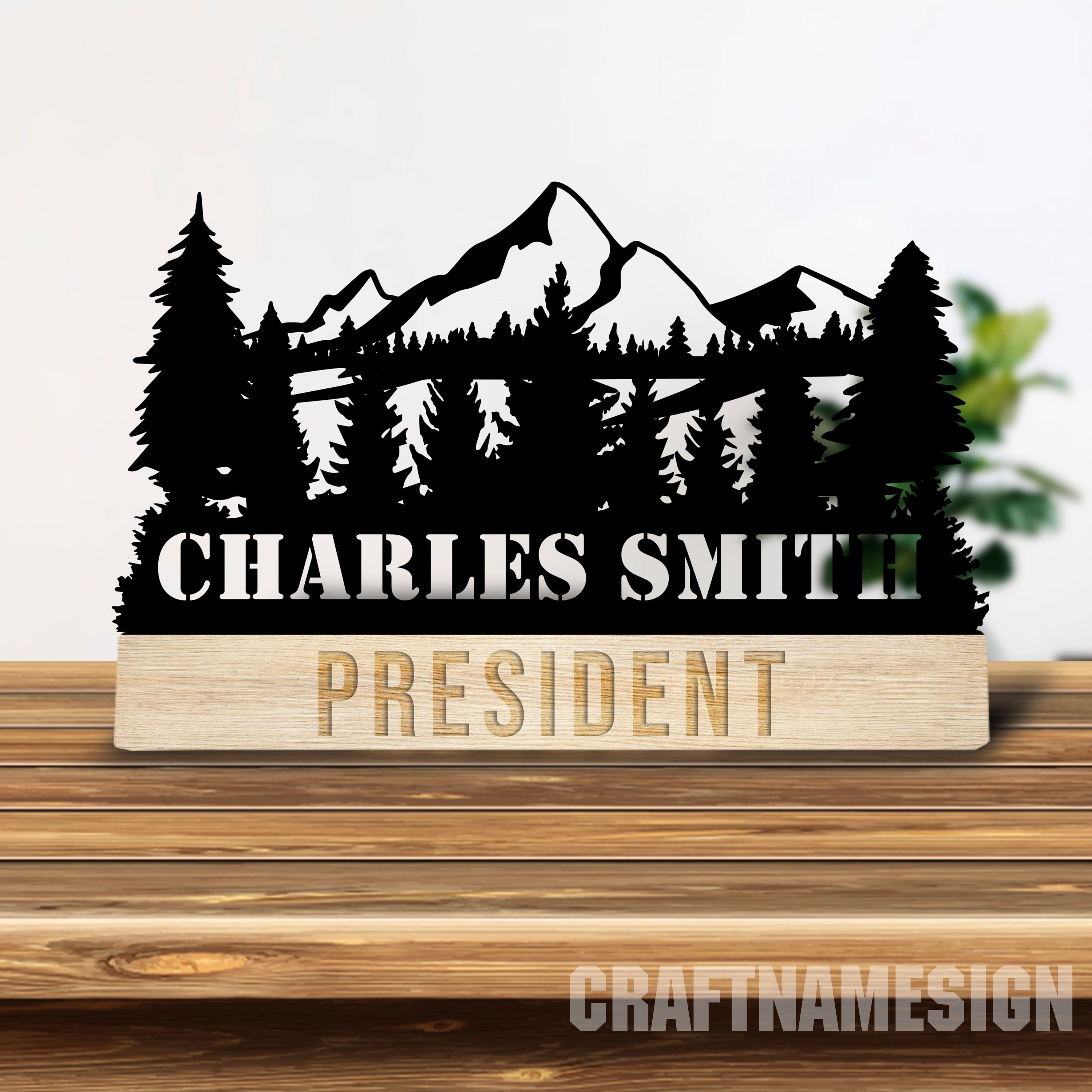 Custom Wooden Hiking Desk Name Plate, Nature Mountain Forest Adventure ...