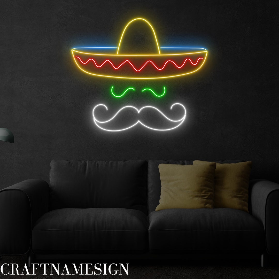 Mexican Hat Mustache Led Sign, Fiesta Hat Neon Sign, Custom Neon Sign ...