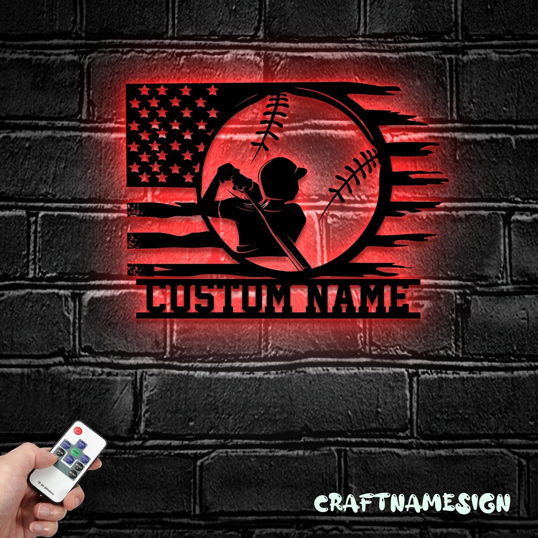 Custom Baseball Us Flag Metal Wall Art Led Light Personalized Softball ...