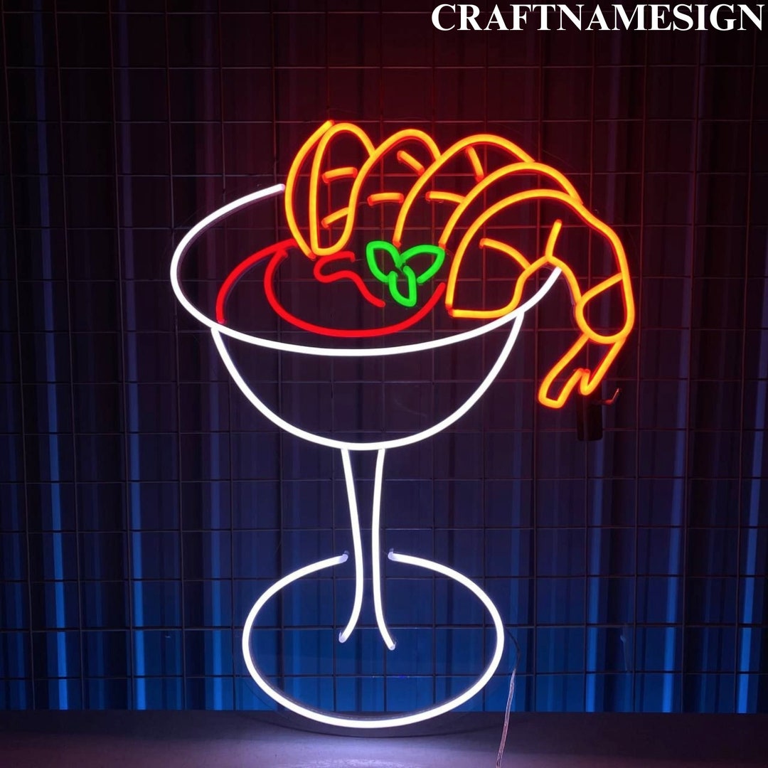 Cocktails Shrimp Neon Sign, Shrimp With Cocktail Led Sign, Open Martini ...