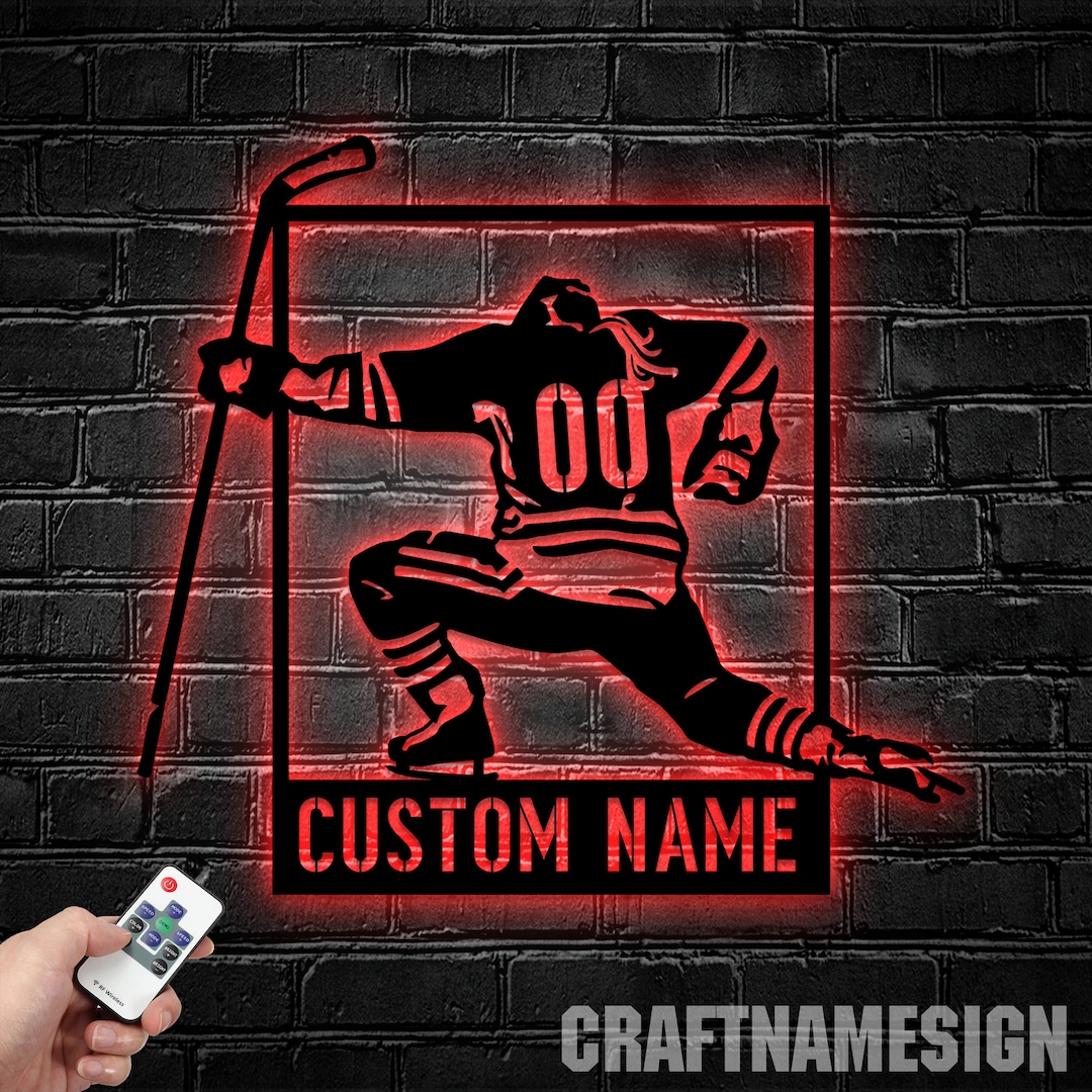 Personalized Girl Hockey Metal Sign, LED Hockey Stick Metal Wall Art ...