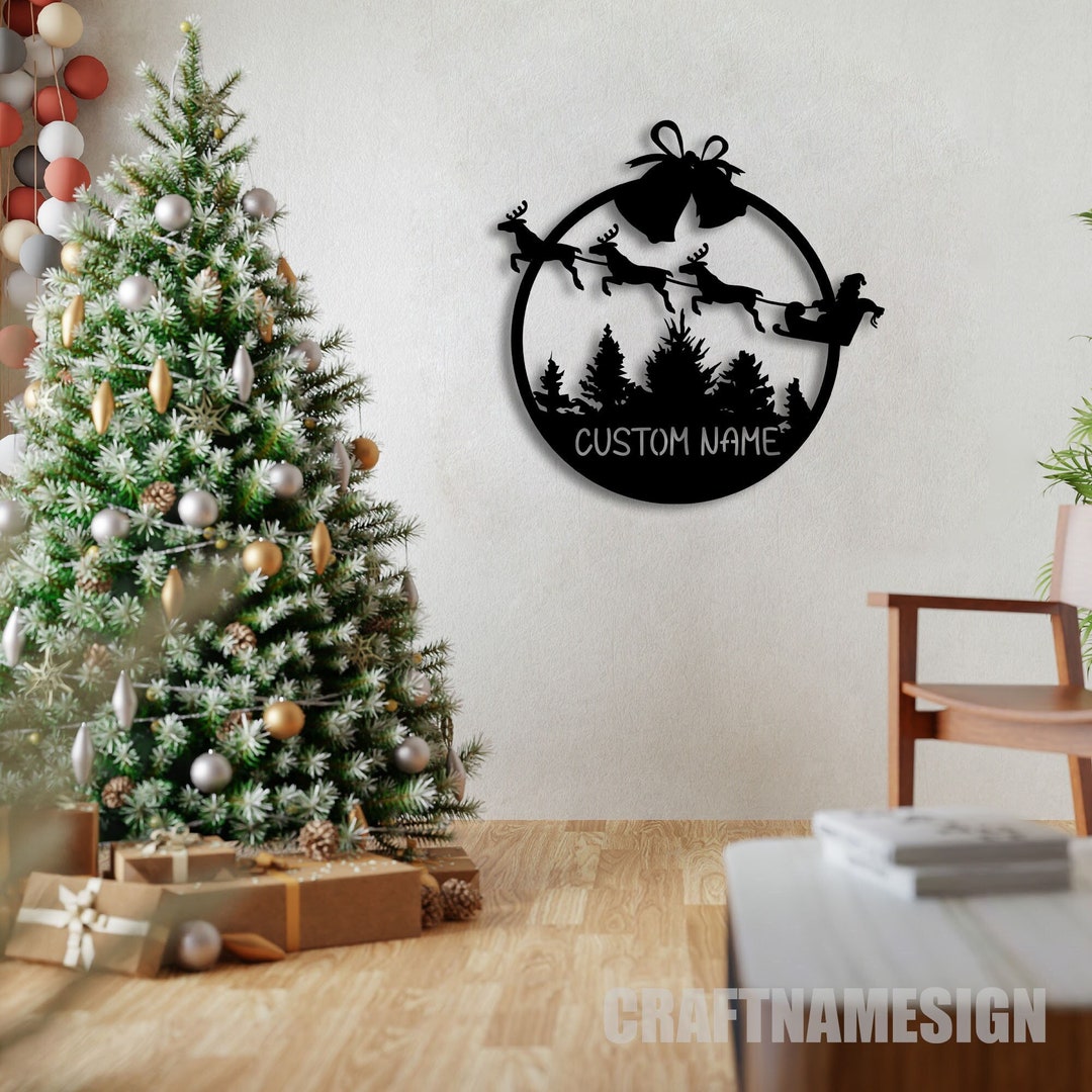 Custom Santa Claus Metal Wall Art Led Light, Santa Claus With Reindeer ...