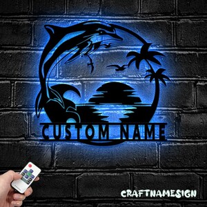 Personalized Dolphin Palm Tree Beach House Sunset Metal Sign With LED ...