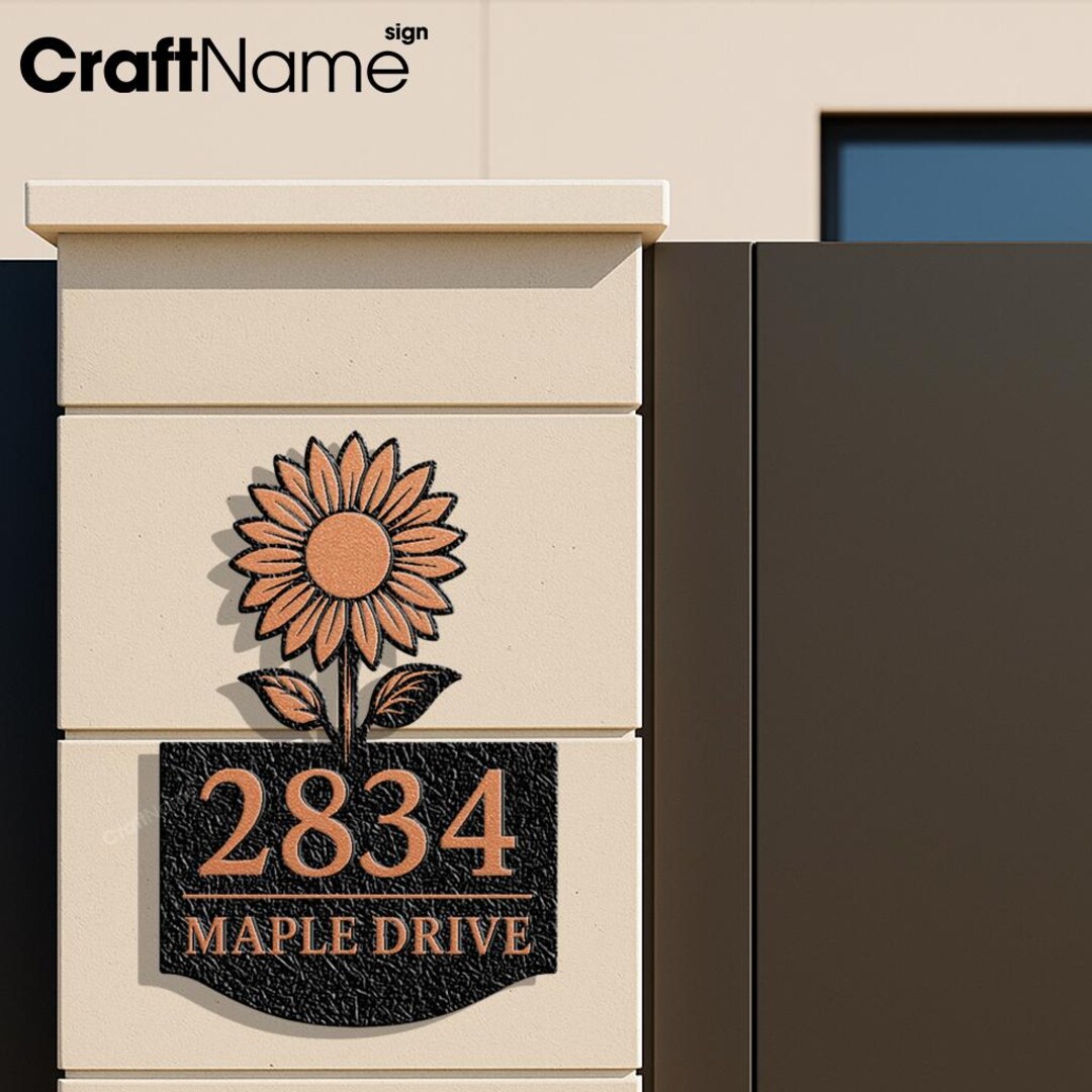 Custom Sunflower Address Sign for Home, Personalized Black Acrylic and ...