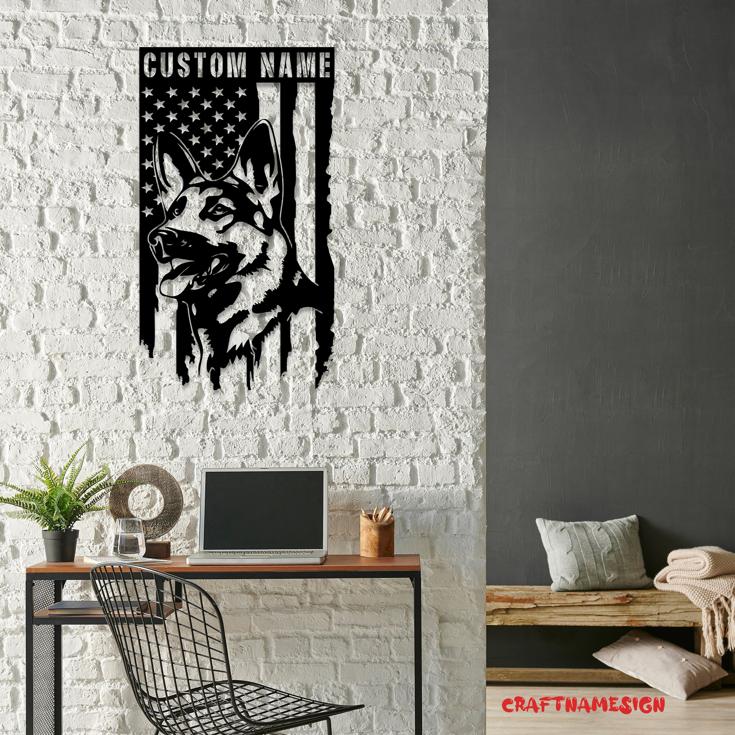 Custom German Shepherd US Flag Metal Wall Art LED Light - Personalized ...