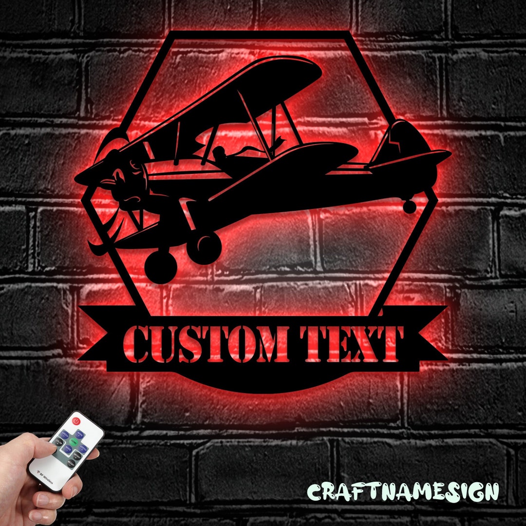 Custom Airplane Metal Wall Art LED Light Personalized Pilot Name Sign ...