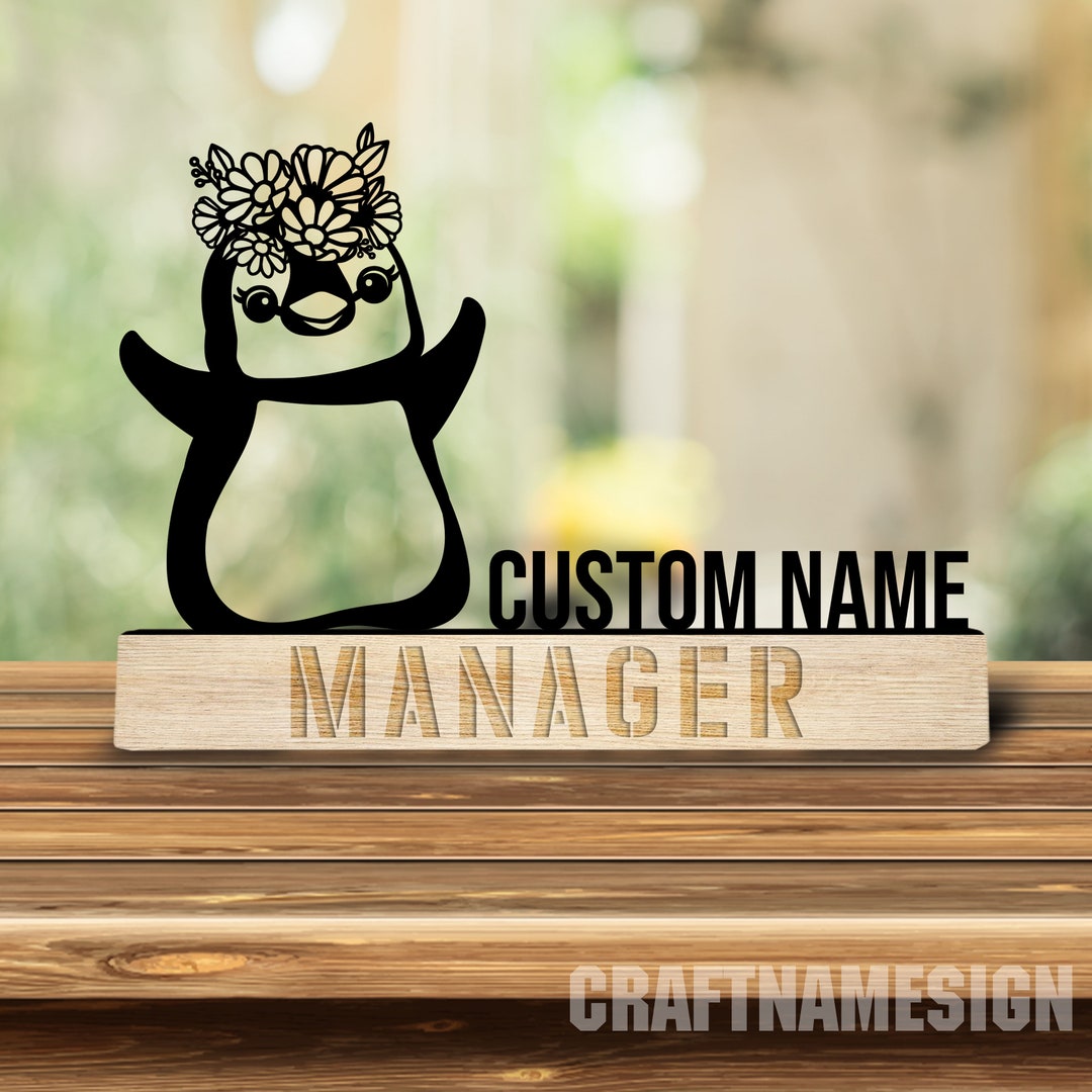 Custom Flower Penguin Desk Name Plate, Penguin Lover Metal Nameplate ...