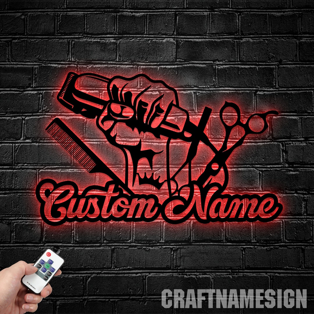 Personalized Barber Shop Metal Wall Art With LED Light, Custom Barber ...