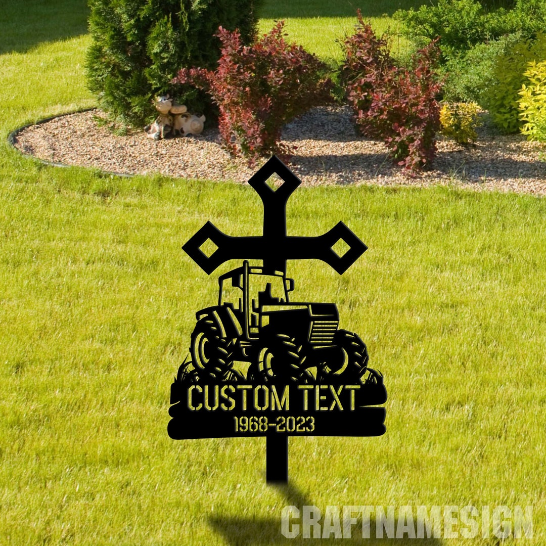 Personalized Farmer Memorial Cross, Tractor Garden Stake Metal Yard Art ...