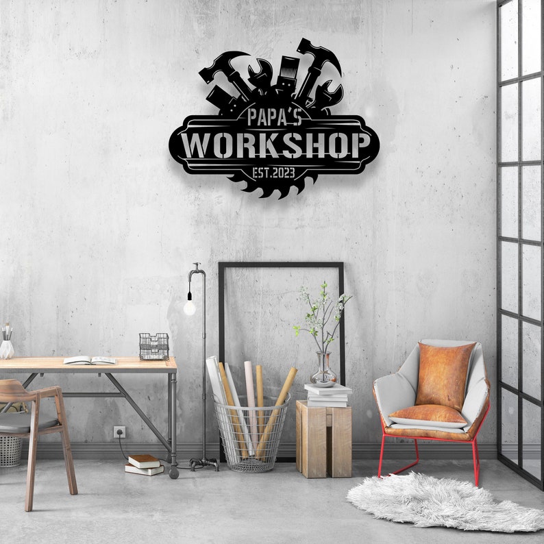 Custom Garage Metal Wall Art LED Light - Personalized Workshop Name ...