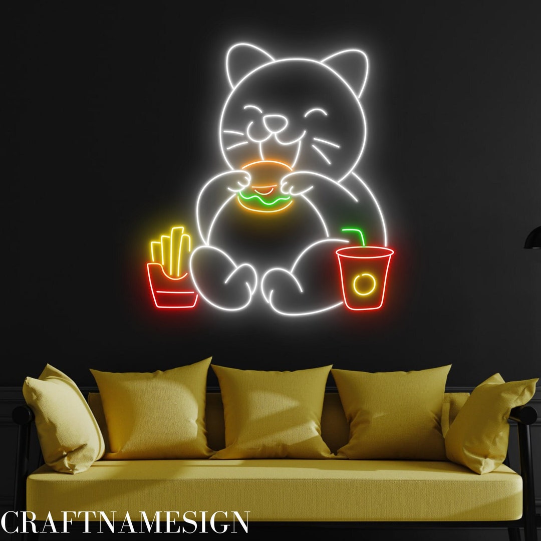 Fat Cat Burger Neon Sign, Burger French Fries Led Sign, Custom Neon ...