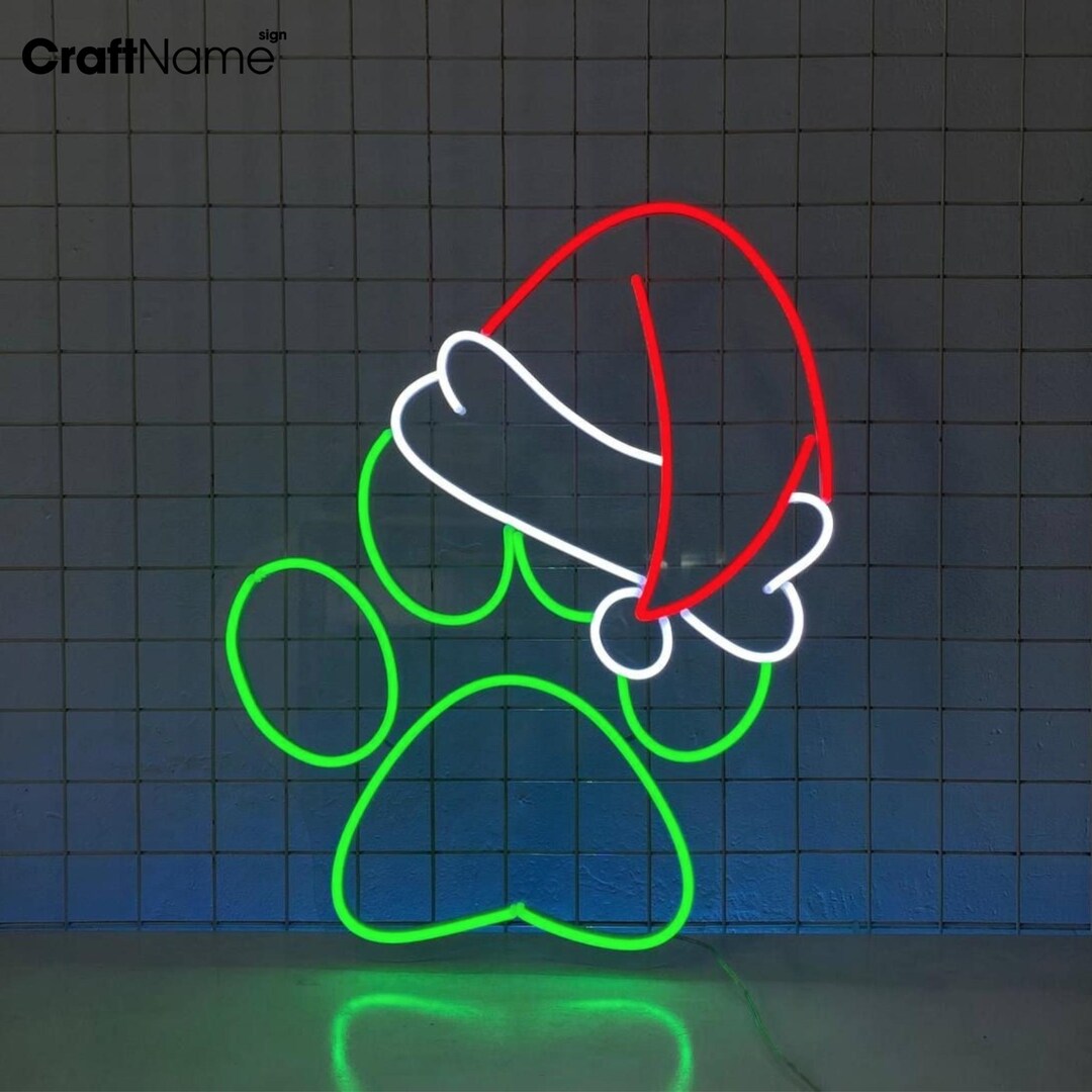 Dog Paw Santa Hat Neon Sign for Pet Clinic Christmas Decor, Custom Neon ...