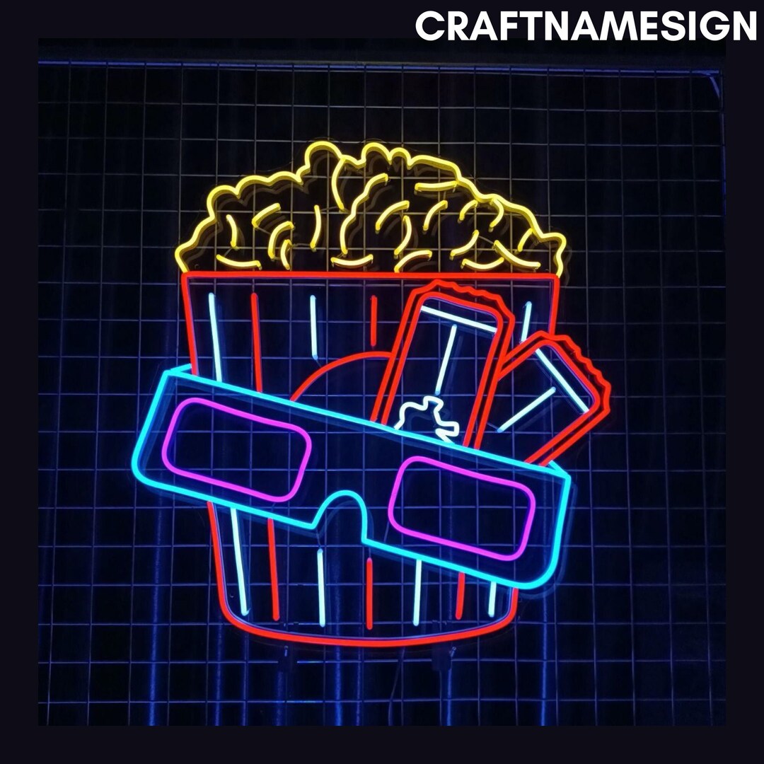 Popcorn 3D Movie Neon Sign, Popcorn Bucket Led Sign, Custom Neon Sign ...