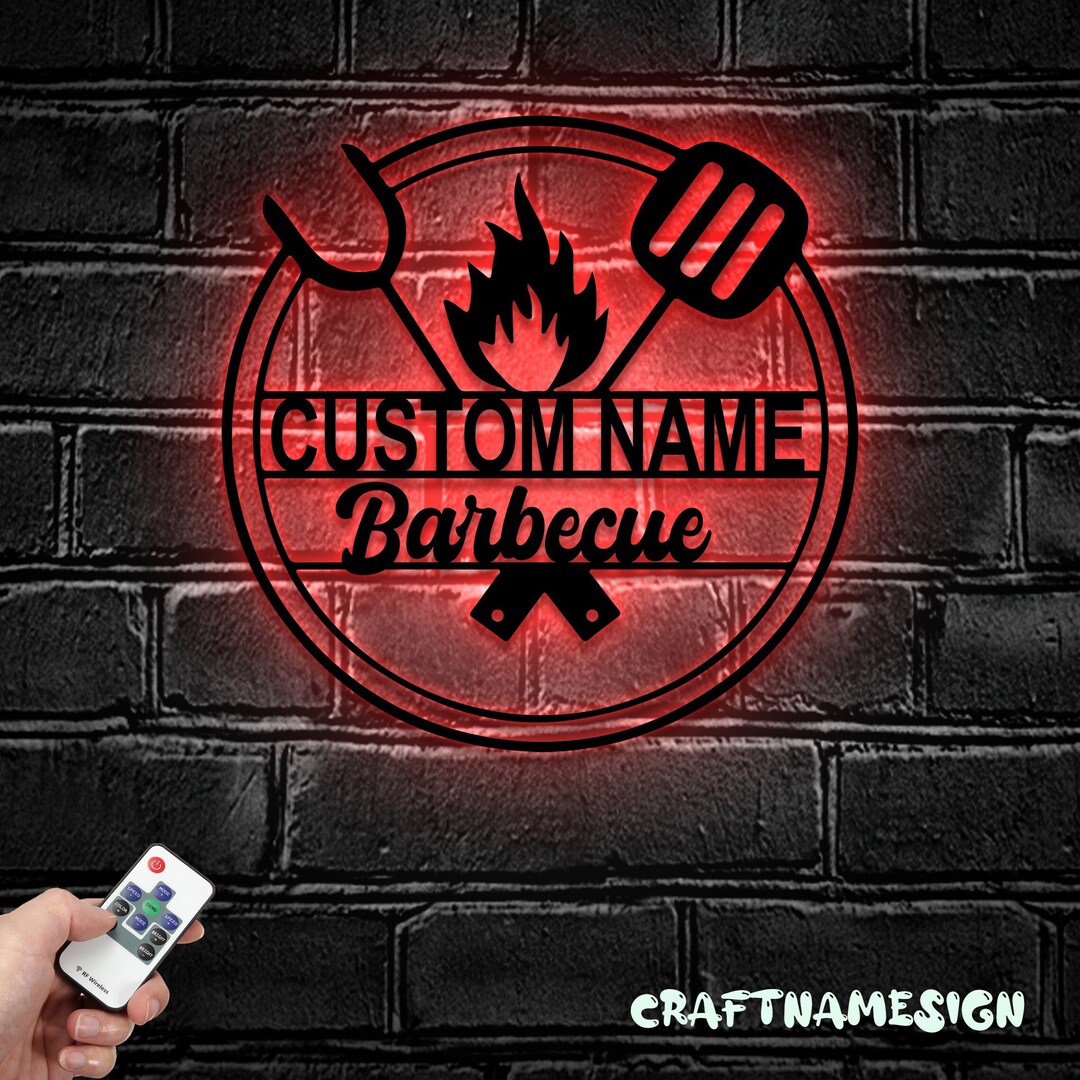 Custom Grill Metal Wall Art LED Light - Personalized Backyard BBQ Name ...