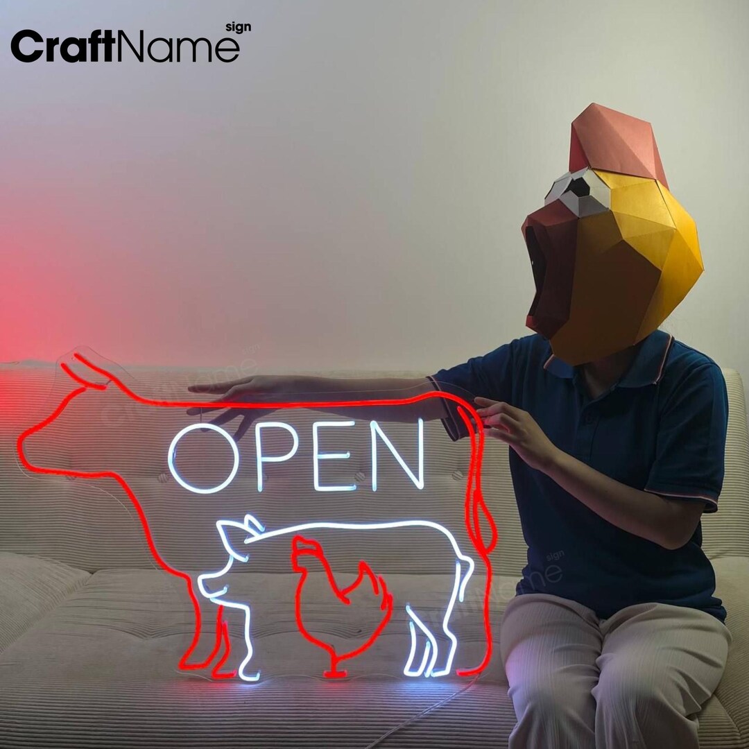 Open Cow Pig Chicken Meat BBQ Restaurant Led Sign, Custom Neon Sign ...
