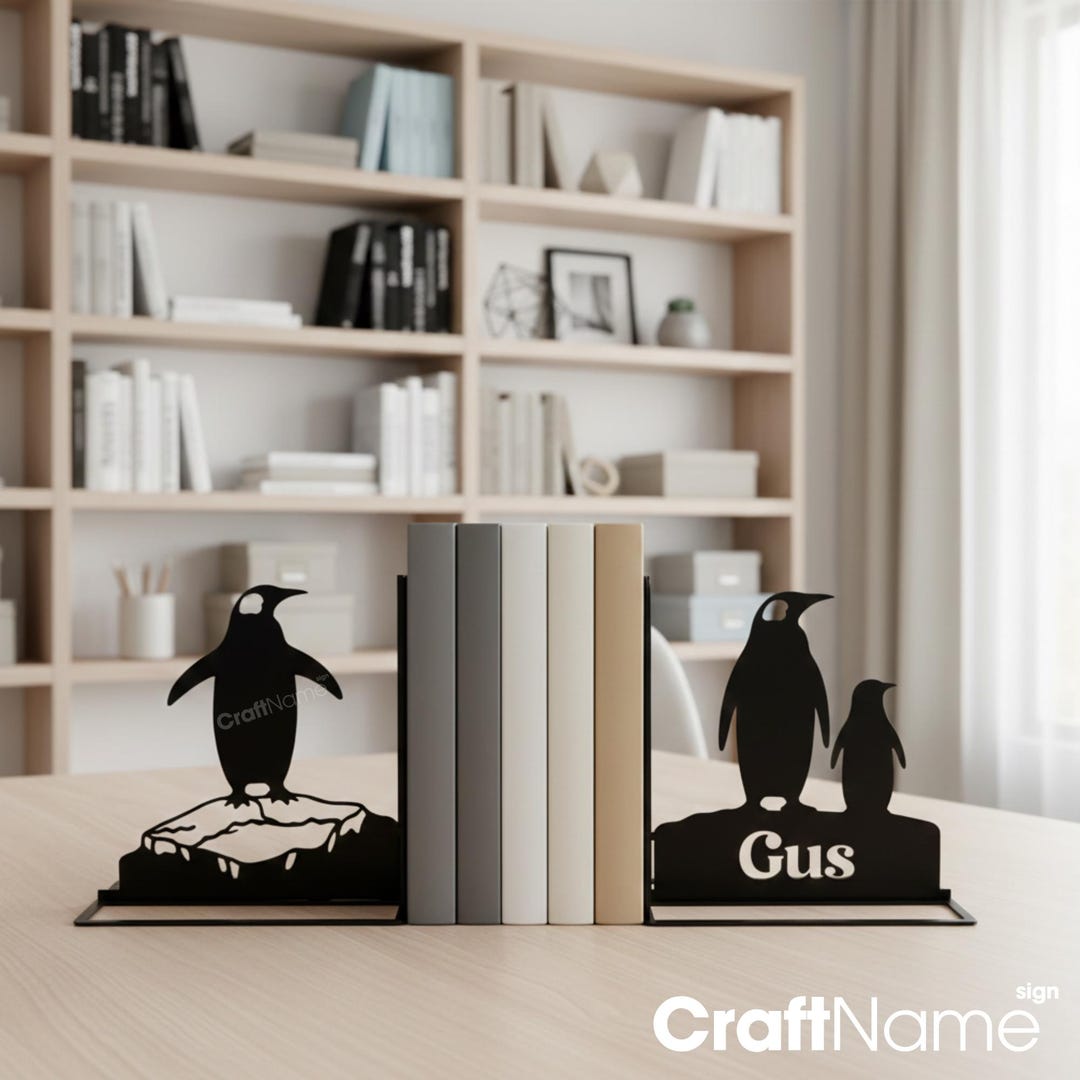 Penguin Metal Bookend, Personalized Name Book Stopper for Book Nook ...