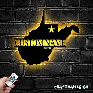 Custom West Virginia Map Metal Wall Art LED Lights Personalized West ...