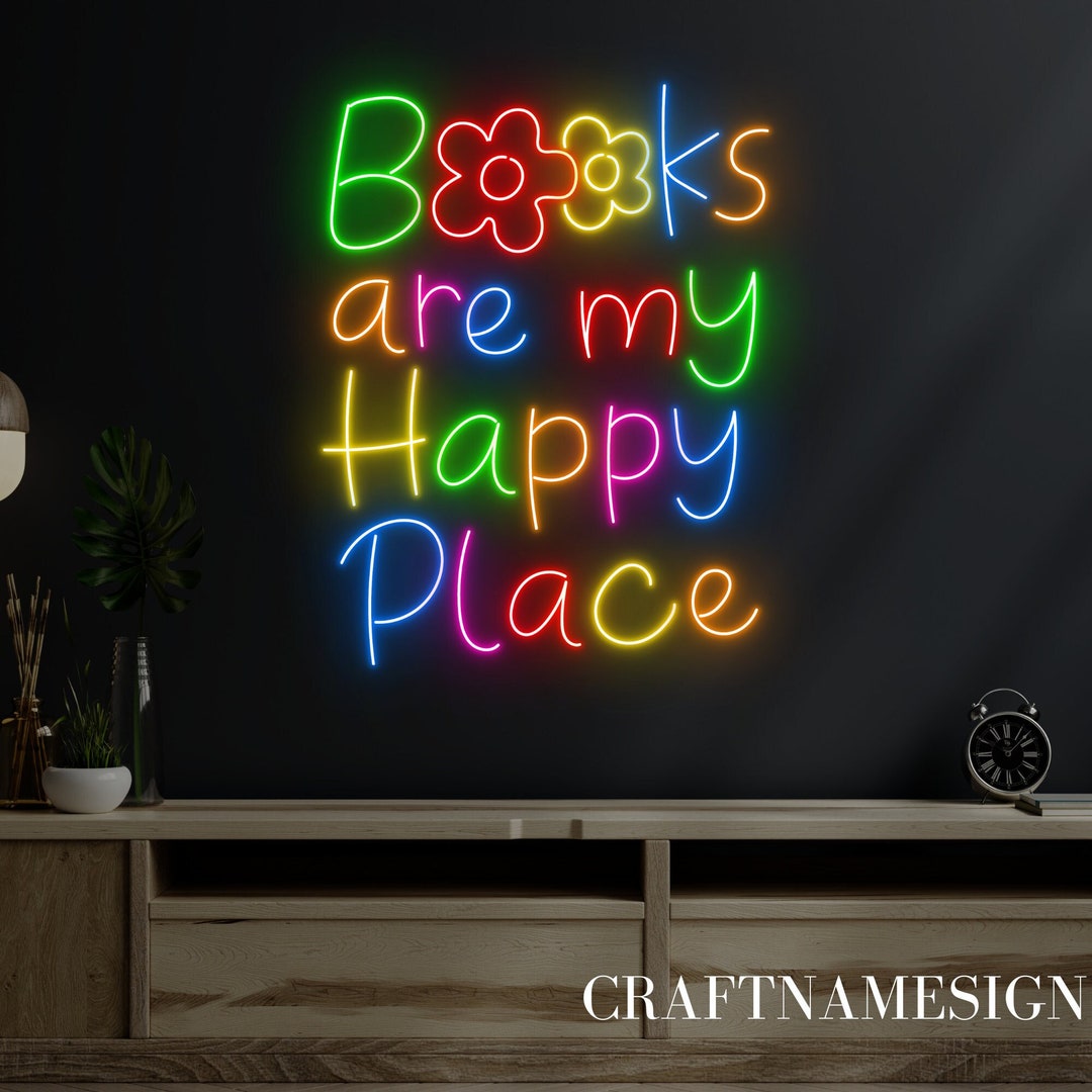 Books Are My Happy Place Neon Sign, Books Led Sign, Custom Neon Sign ...