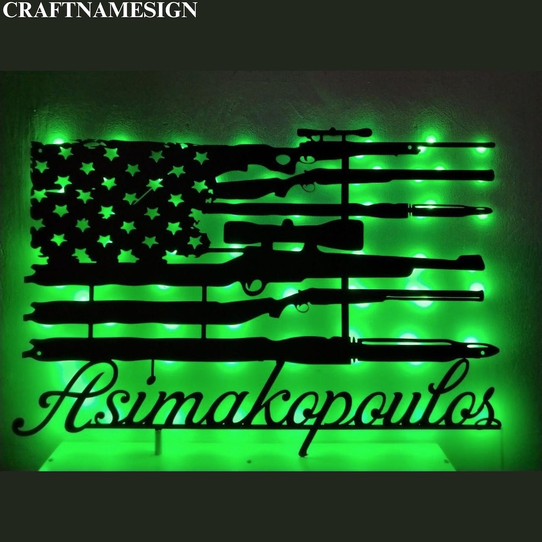 Custom Gun US Flag Metal Wall Art LED Light, Personalized Navy Veteran ...