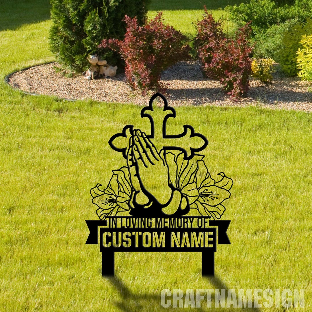 Custom Cross With Praying Hand Memorial Metal Stake, Floral Cross ...