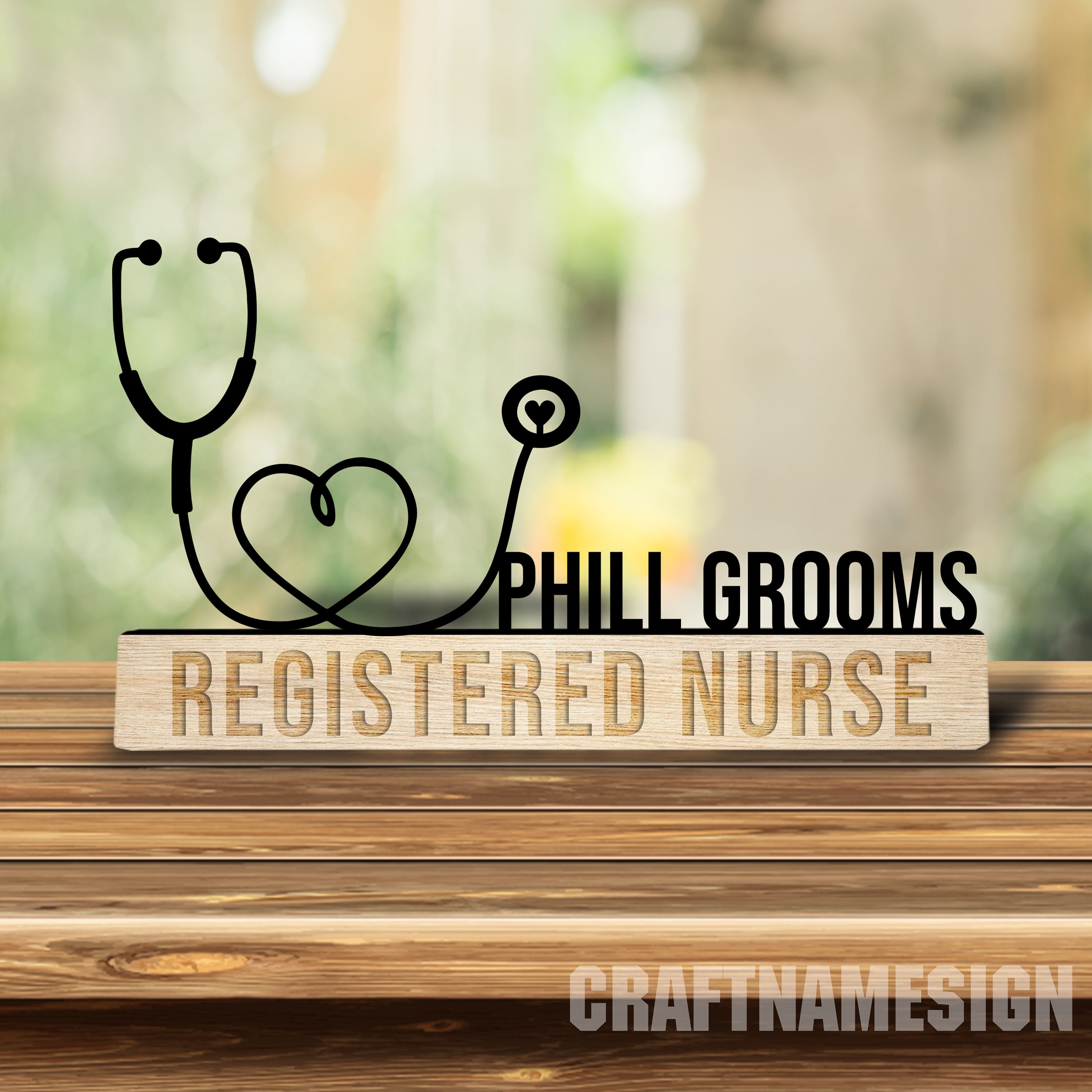 Custom Wooden Nurse Desk Name Plate, Nurse Stethoscope Metal Nameplate ...