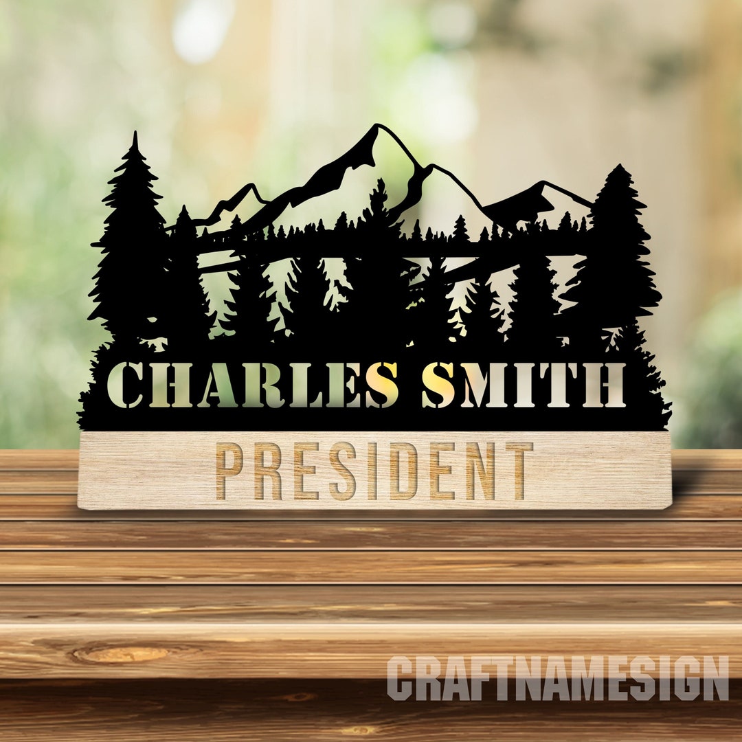 Custom Wooden Hiking Desk Name Plate, Nature Mountain Forest Adventure ...