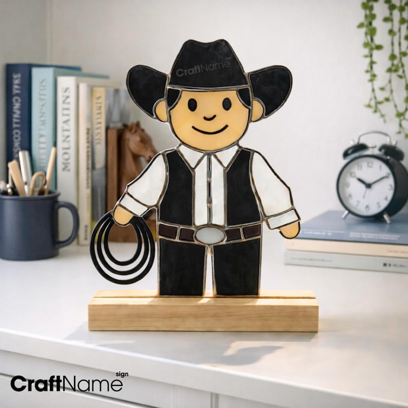 Cowboy Stained Glass, Handmade Western Glass Art With Wooden Base for ...
