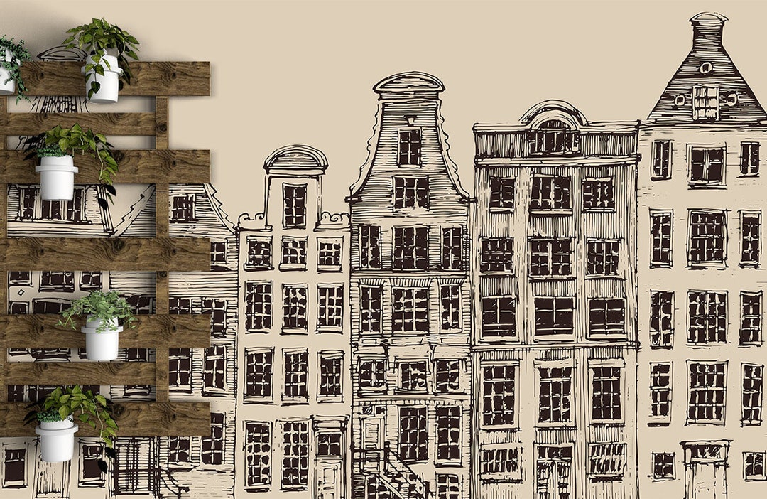 Beige Vintage Amsterdam Row Houses Mural Wallpaper Non-woven - Etsy