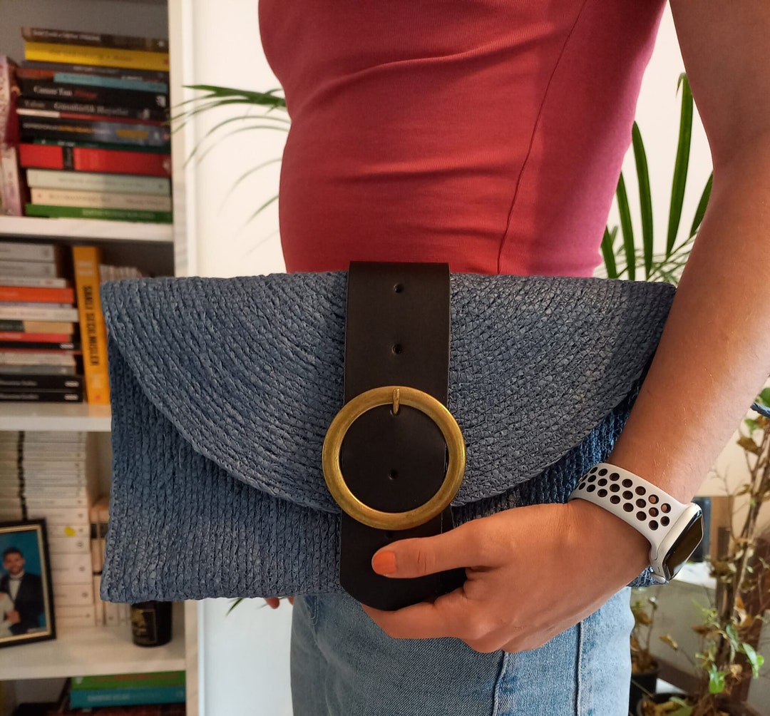 Natural Handmade Straw Clutch Bag, Leather Buckle Straw Purse ...