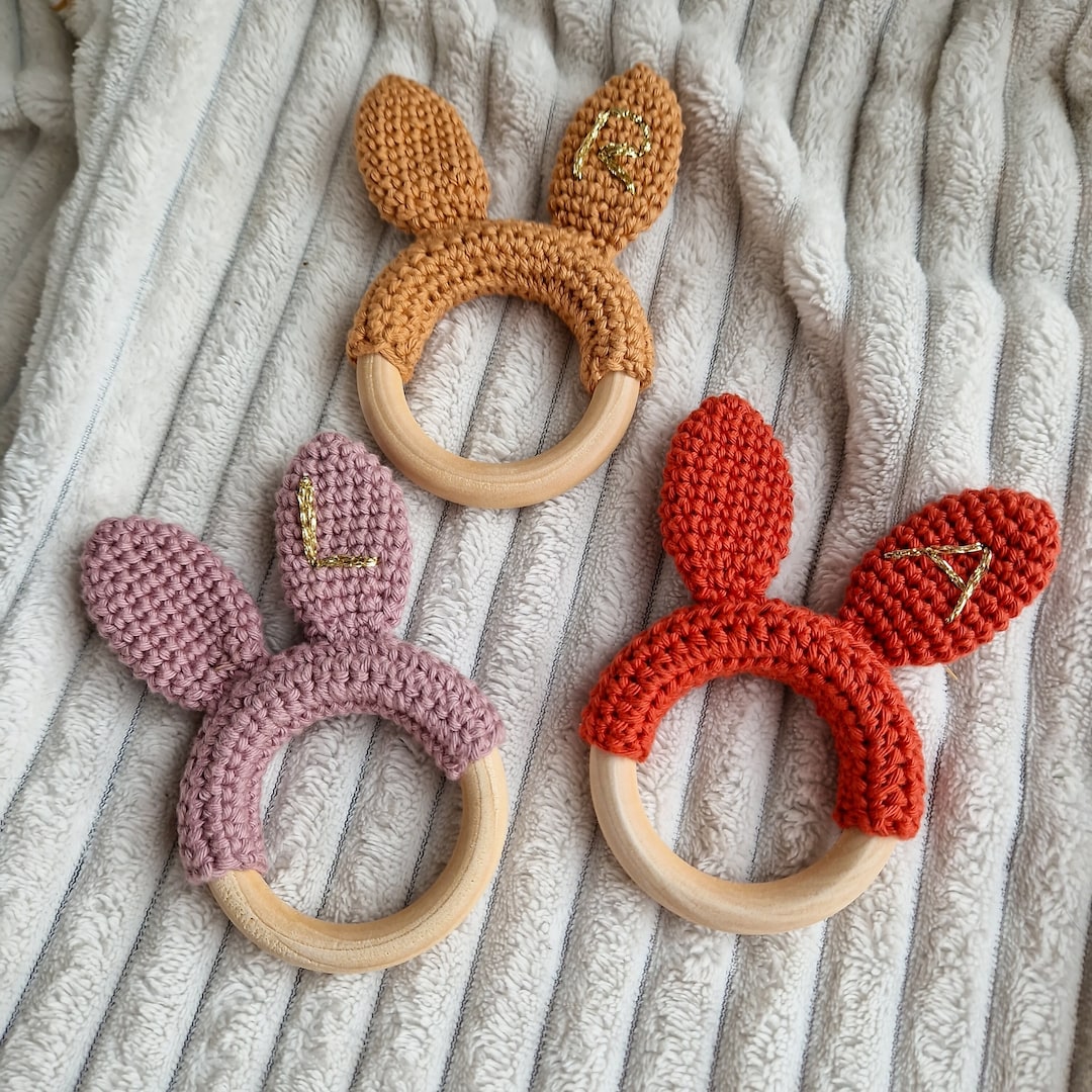 Crochet Bunny Ears Teething Ring for Baby / Cotton Rattle With Rustling ...