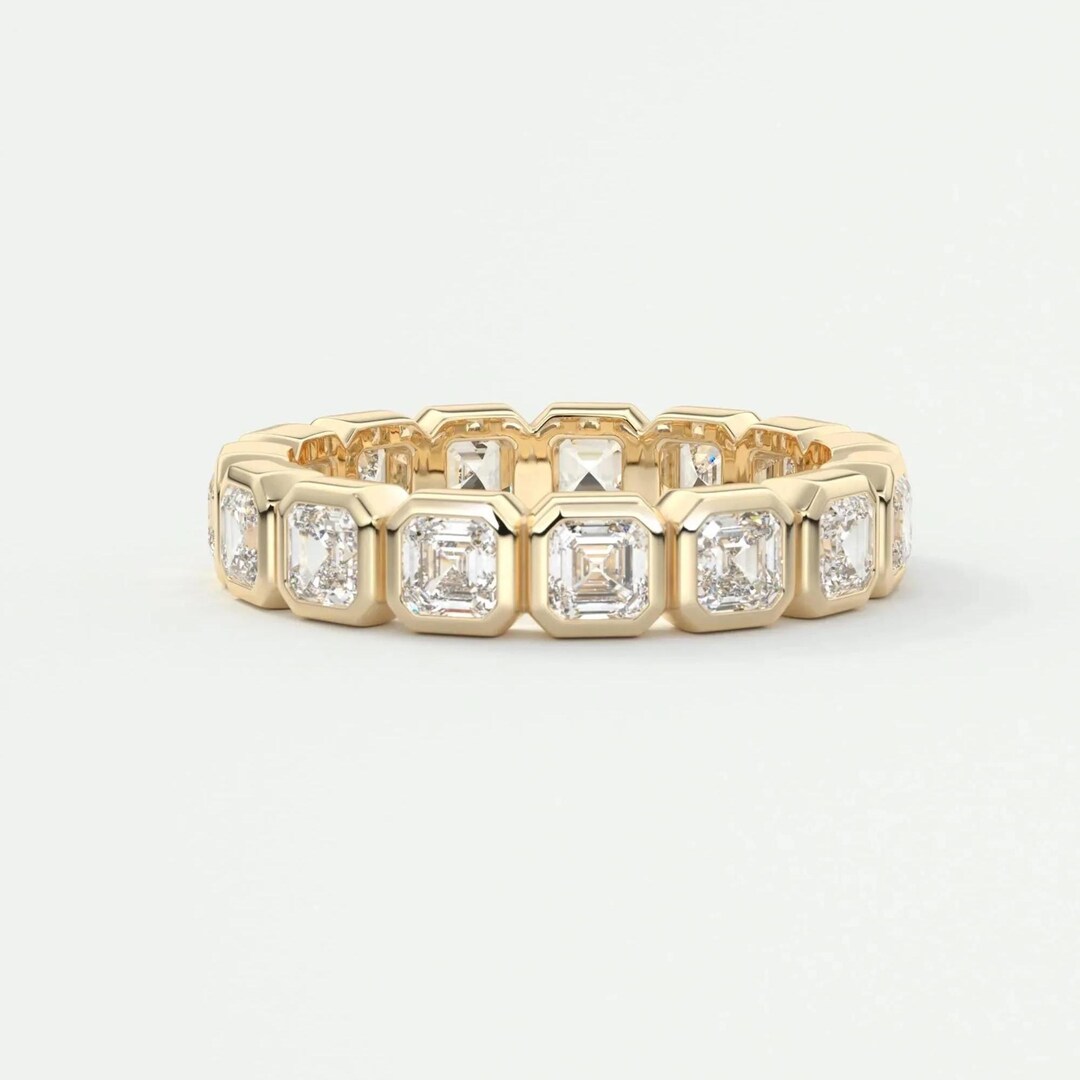 Bezel Set Asscher Cut Moissanite Full Eternity Wedding Band, 14K Solid ...