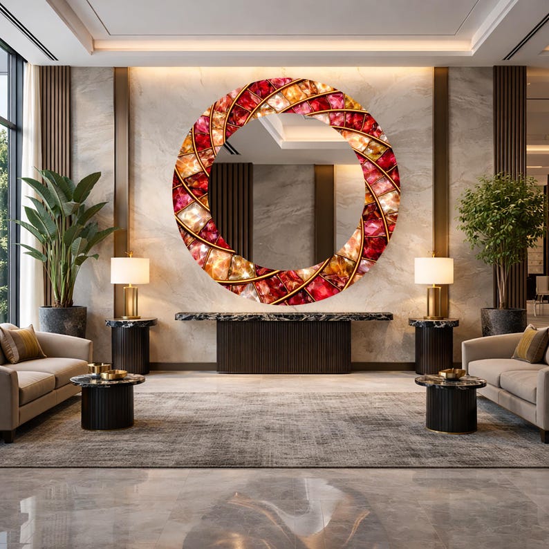 Red Gold Mosaic Round Mirror, Jewel Tone Artistic Glass Frame, Modern ...