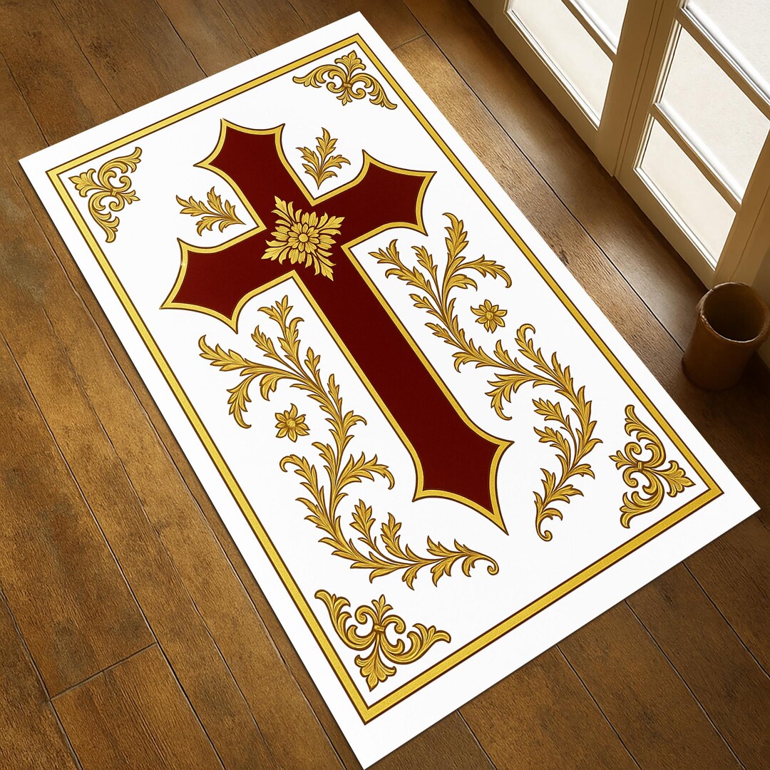 Christian Prayer Rug, Ornate Cross Design, Personalized Christian Mat ...