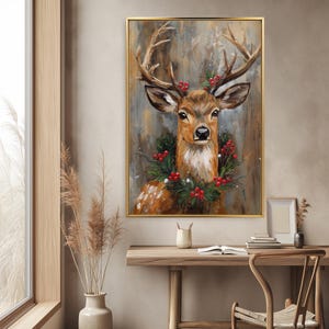 Festive Christmas Deer Art,christmas Canvas,christmas Deer Canvas Print ...