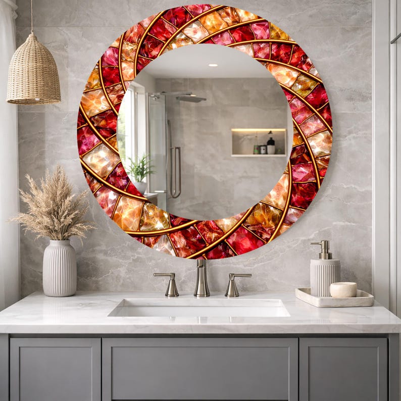 Red Gold Mosaic Round Mirror, Jewel Tone Artistic Glass Frame, Modern ...