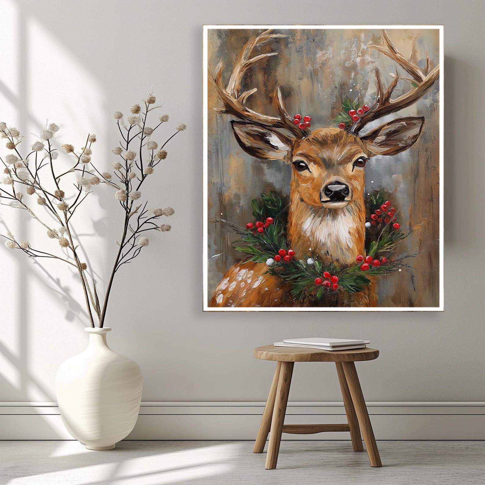 Festive Christmas Deer Art,christmas Canvas,christmas Deer Canvas Print ...