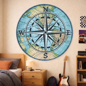 Vintage Compass World Map Round Glass Wall Art, Nautical Travel Theme ...