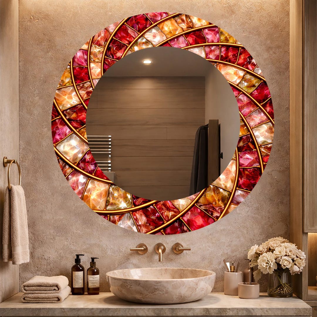 Red Gold Mosaic Round Mirror, Jewel Tone Artistic Glass Frame, Modern ...