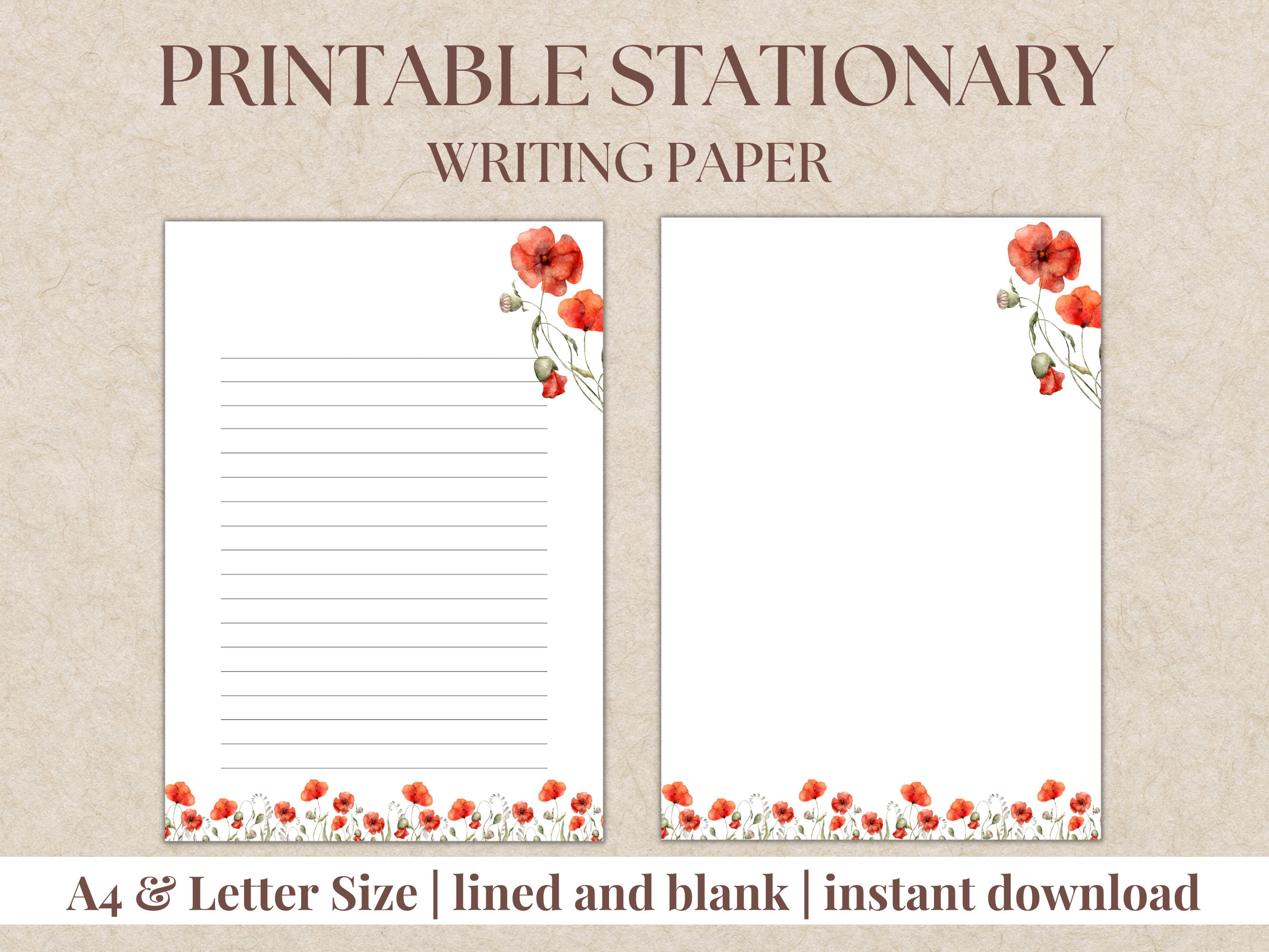Printable Poppy Flower Paper, A4 and Letter Size, Floral Writing Paper ...