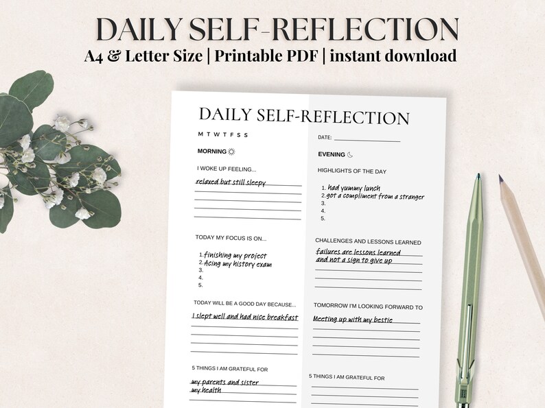 Daily Self-reflection: Self-care Journal for Morning and Evening Routine | Printable Template ...